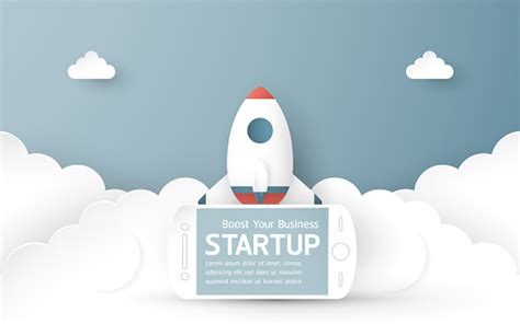 종이 절단 공예 및 종이 접기 스타일에서 시작 개념 벡터 일러스트 레이 션 로켓은 파란 하늘을 날고 있다 웹 배너 포스터 표지