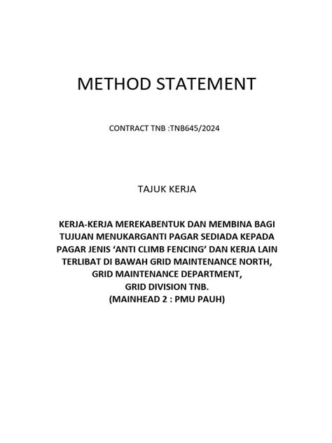 Method Statement Kerja Kerja Anticlimb Fencing Pmu Pauh Pdf