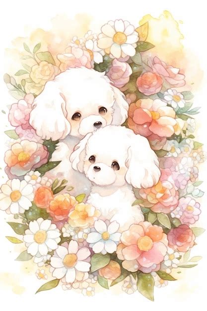 Um Desenho Em Aquarela De Dois Cachorrinhos Em Um Jardim De Flores