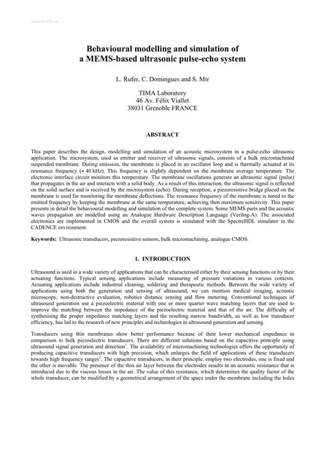 pdf behavioral modeling and simulation of a mems based ultrasonic