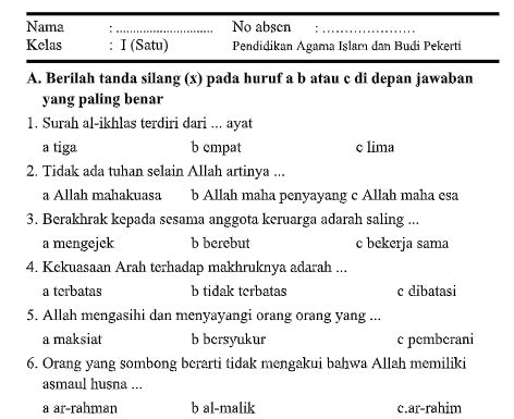 Soal PAT UKK Kelas 1 PAI SD MI Kurikulum 2013 Tahun 2020 File