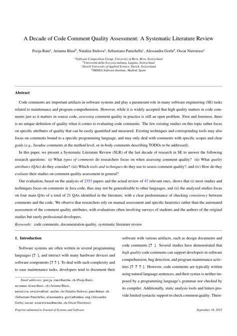 Pdf A Decade Of Code Comment Quality Assessment A Systematic