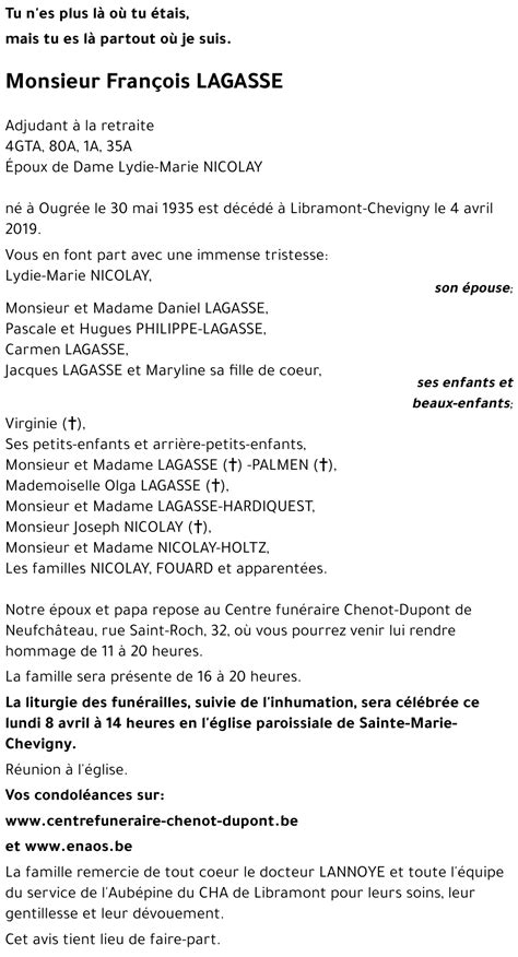 Avis De Décès De François Lagasse Décédé Le 04042019 à Libramont