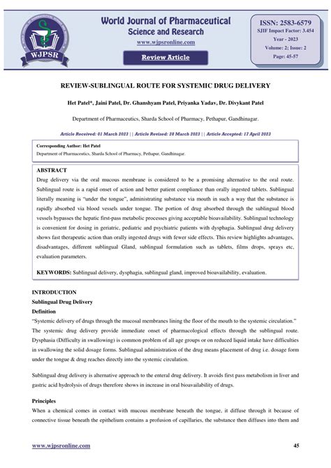 Pdf Review Sublingual Route For Systemic Drug Delivery