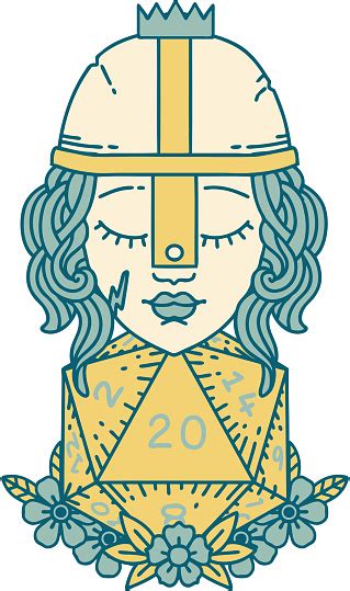 레트로 문신 스타일 인간 전투기 자연 20 D20 주사위 롤 굴리기에 대한 스톡 벡터 아트 및 기타 이미지 굴리기 머리