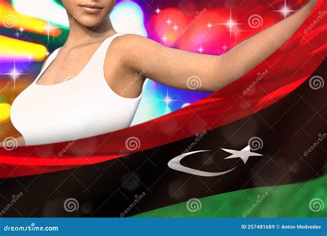 Woman Holds Libya Flag In Front On The Party Lights Flag Concept 3d Illustration Stock
