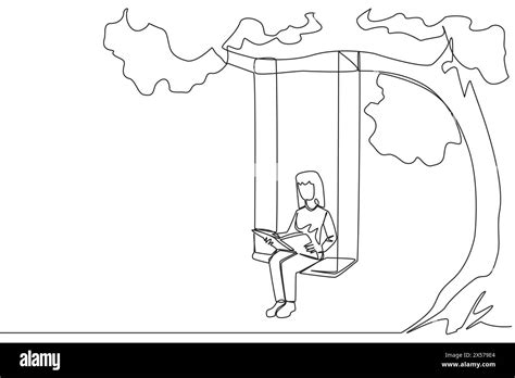 Single Continuous Line Drawing Woman Sitting On A Swing Under A Shady Tree Reading A Book High