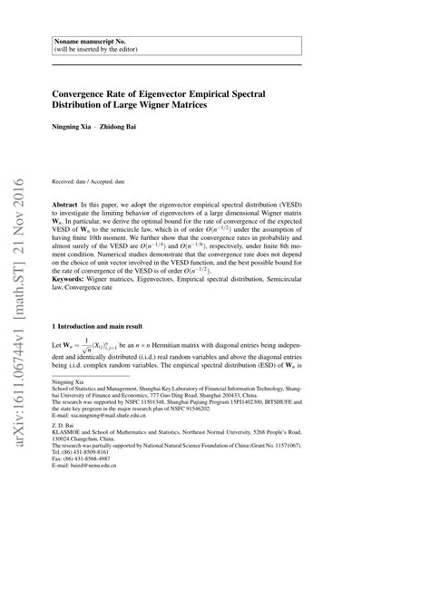 Pdf Convergence Rate Of Eigenvector Empirical Spectral Distribution Of Large Wigner Matrices