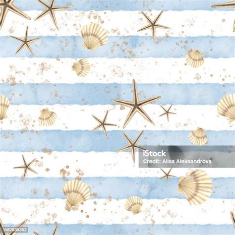 가리비와 불가사리가 있는 조개껍데기 이음매 없는 패턴 손으로 그린 수채화 그림은 고립된 배경에 파란색 선이 있다 포장지 또는 섬유 항해 디자인을 위한 수중 장식 가리비에