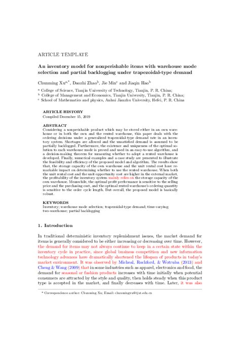 Pdf An Inventory Model For Nonperishable Items With Warehouse Mode Selection And Partial