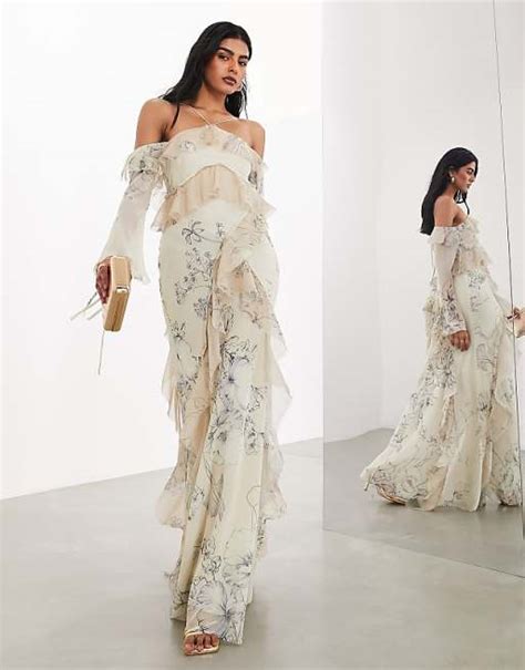 Asos Edition Halter Cold Shoulder Raw Edge Ruffle Maxi Dress In Etchy Floral Print Asos
