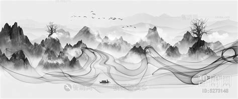 中式画贴图山水水墨山水画贴图大山谷图库