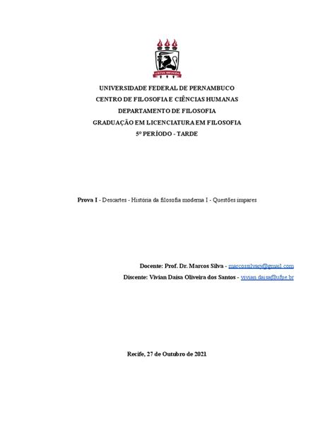 Prova I Descartes História Da Filosofia Moderna I Pdf