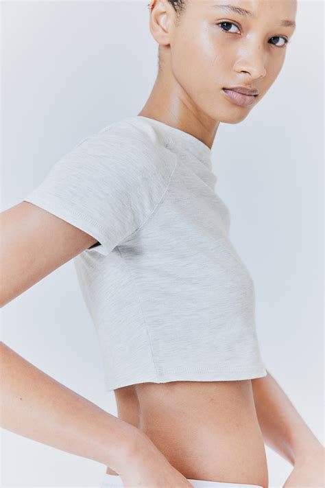 Short T Shirt Round Neck Short Sleeve Light Gray Melange Ladies