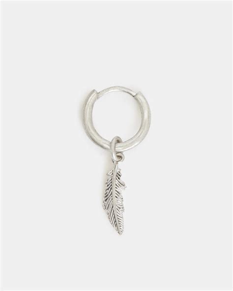 Allsaints Feather Sterling Silver Hoop Earring In White For Men Lyst
