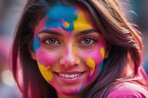 Premium Photo Portrait Of Smiling Young Woman Covered With Holi Color