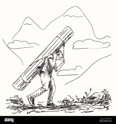 Sketch Of Nepali Porter Carrying Heavy Big Load On His Head In Traditional Way Hand Drawn