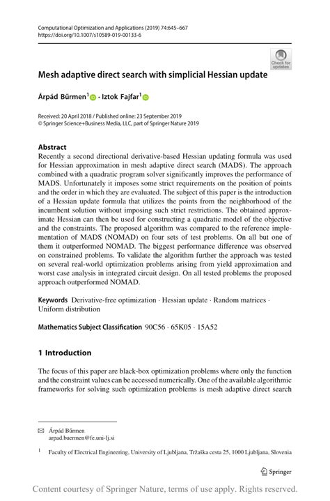 Mesh Adaptive Direct Search With Simplicial Hessian Update Request Pdf