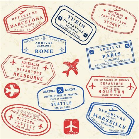 다채로운 가상 비자 스탬프 세트입니다 국제 비즈니스 여행 컨셉입니다 상용 비자 Travel Visa Travel Stamp Passport Stamps