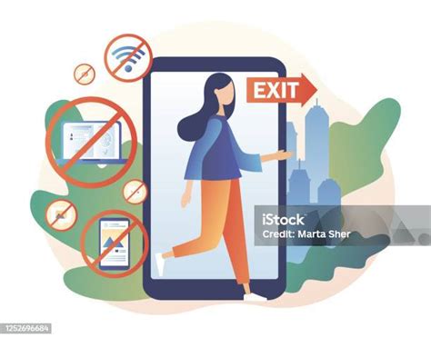 디지털 해독 작은 소녀는 휴대 전화 화면에서 단계 오프라인 생활 인터넷 스마트폰 및 소셜 미디어에서 자유 현대 플랫 만화 스타일 흰색 배경의 벡터 그림 Mental