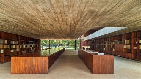 Modern Library Interior Tropical View Long Table Wooden Shelves