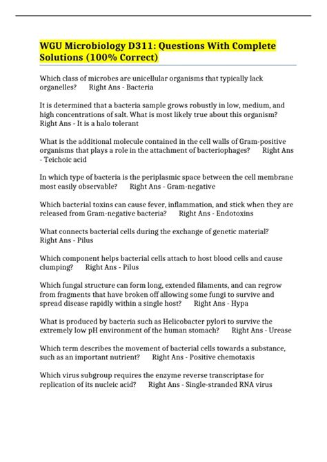 Wgu Microbiology D311 Questions With Complete Solutions 100 Correct Wgu D311 Microbiology