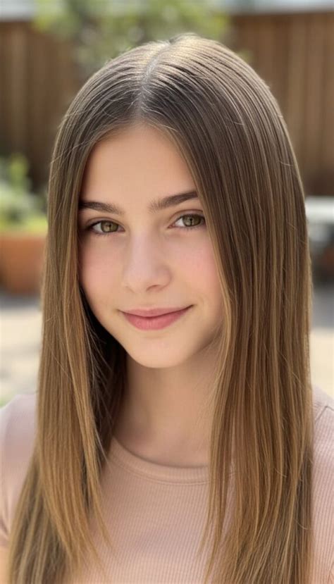 Soft Mocha Brown Long Straight Haircut With Center Part For 14 Year Old