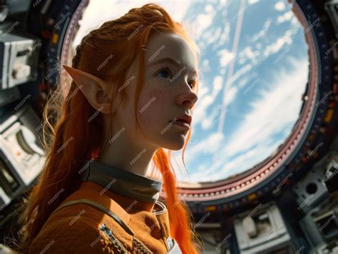 Premium Photo A Girl With Red Hair And Elf Ears Looking Up