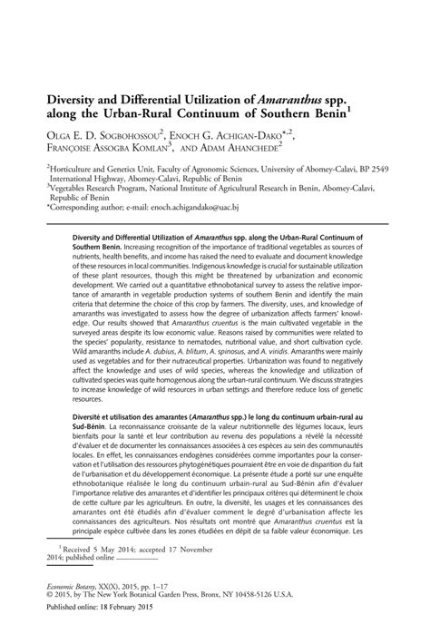 Pdf Diversity And Differential Utilization Of Amaranthus Spp Along The Urban Rural Continuum