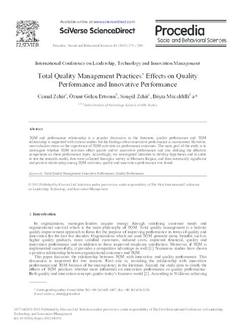 Pdf Total Quality Management Practices Effects On Quality Performance And Innovative Performance