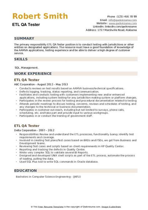 Etl Qa Tester Resume Samples Templates For