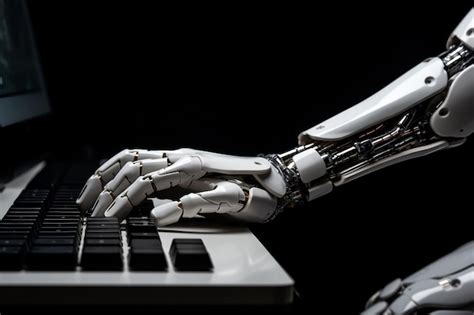 Premium Ai Image Robotic Arm Typing On A Keyboard Generative Ai