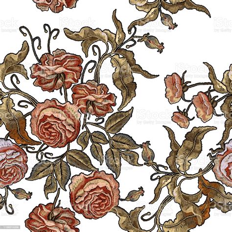 장미 자 수 이음새가 있는 패턴 옷 티셔츠 디자인 태피스트리 꽃 르네상스 스타일 벡터의 디자인을위한 유행 템플릿 흰색 배경에 장미의 고전적인 빈티지 싹 손수 만든에 대한