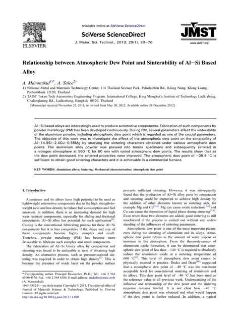 Relationship Between Atmospheric Dew Point And Sinterability Of Al Esi Based Alloy Pdf