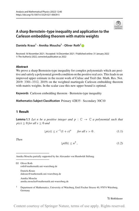 Pdf A Sharp Bernsteintype Inequality And Application To The Carleson Embedding Theorem With