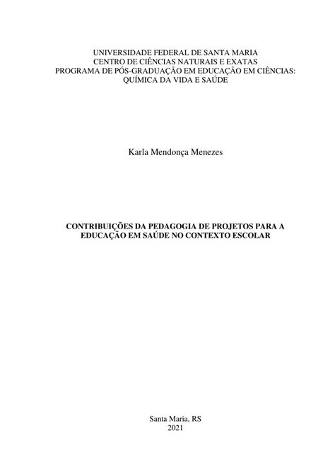 Pdf ContribuiÇÕes Da Pedagogia De Projetos Para A EducaÇÃo Em SaÚde