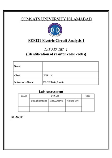 Lab Report 1ab Report Comsats University Islamabad Eee121 Electric