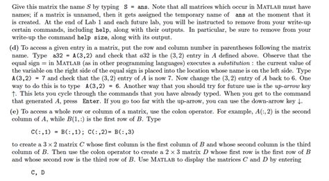 Solved Question 1 Creating Matrices And Vectors A Be Sure