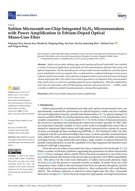 Pdf Soliton Microcomb On Chip Integrated Si3n4 Microresonators With Power Amplification In