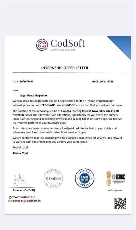 Sejal Malpathak On Linkedin Codsoft Internship