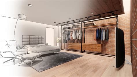 3d 렌더링 주방이 있는 현대적인 개방형 거실 공간 로프트 스타일의 듀플렉스 아파트 레지던스 홈 장식 인테리어 Design드로잉 라인 스케치 현실 부엌에 대한 스톡 사진 및