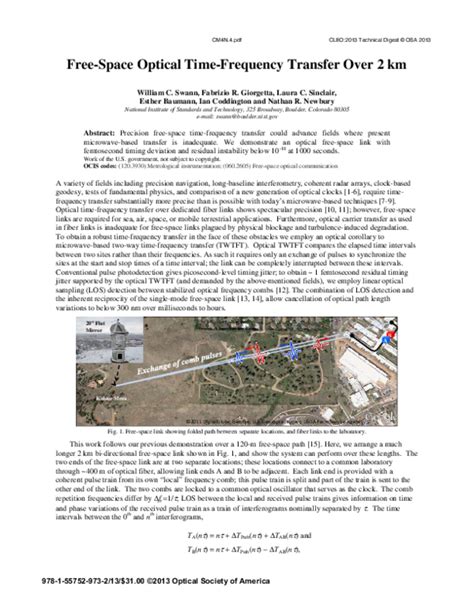Pdf Free Space Optical Time Frequency Transfer Over 2 Km