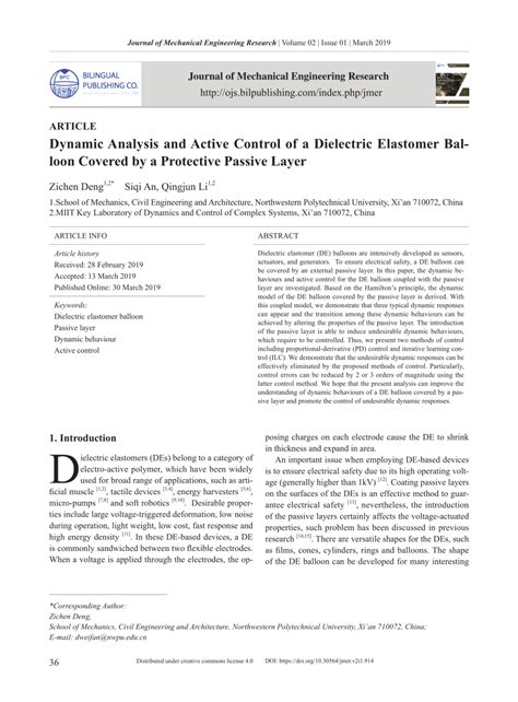 Pdf Dynamic Analysis And Active Control Of A Dielectric Elastomer