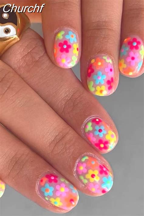 Churchf Summer New Short Square False Nails French Flower Full Cover Fake Nails Detachable Nail