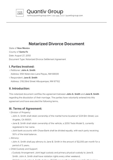 Free Notarized Divorce Document Template To Edit Online
