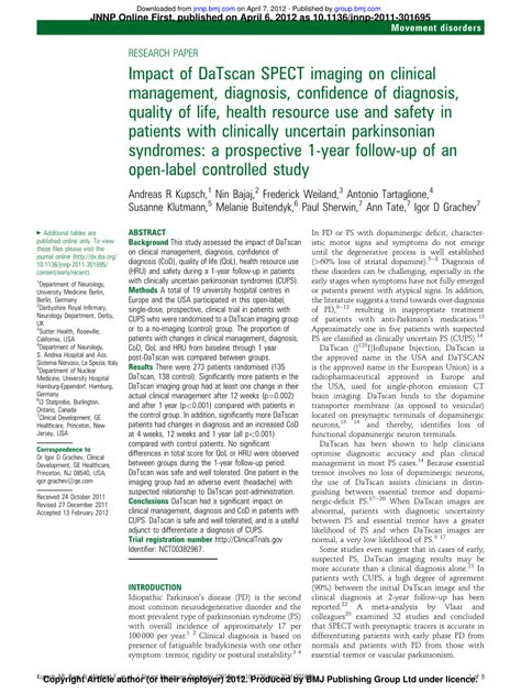 Pdf Impact Of Datscan Spect Imaging On Clinical Management Diagnosis Confidence Of Diagnosis