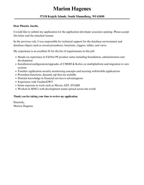 Application Developer Associate Cover Letter Velvet Jobs