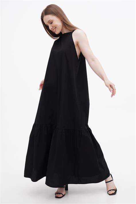 Long Halter Neck Summer Dress Black Cotton Frilled Sundress Summer