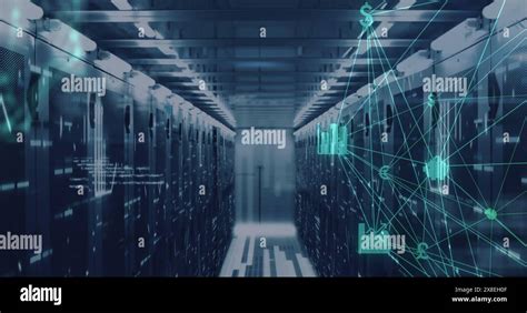 Image Of Network Of Digital Icons Data Processing And Mosaic Squares Against Server Room Stock