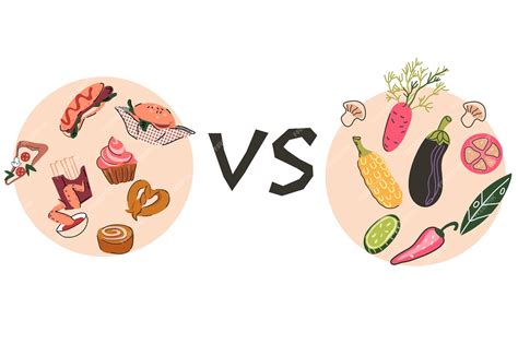 健康的な Vs 不健康な食品の選択の栄養バランスとダイエット計画フラット ベクトル プレミアムベクター